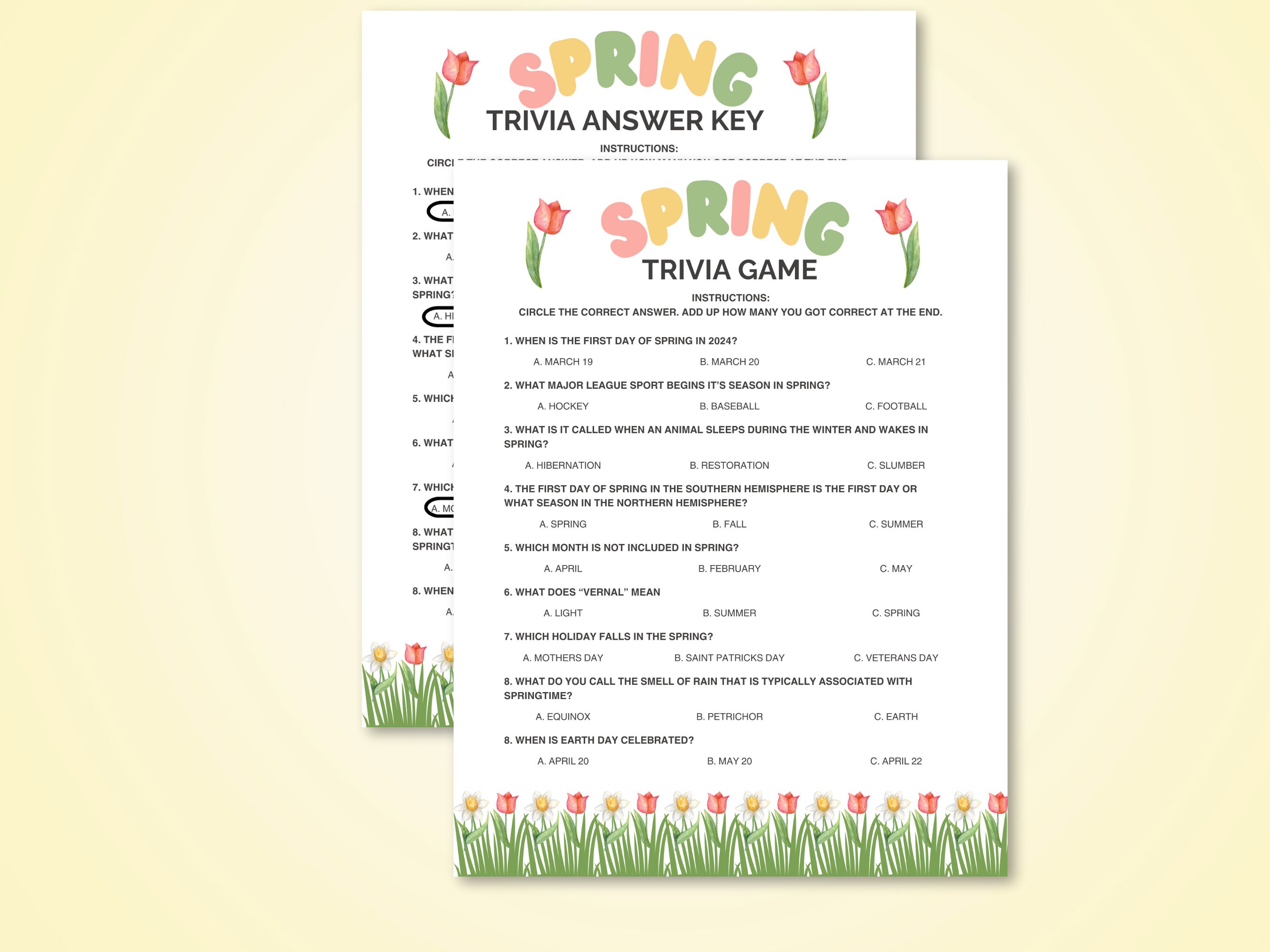 Spring Trivia, Printable Multiple Choice Game for Kids, Adults, Seniors ...