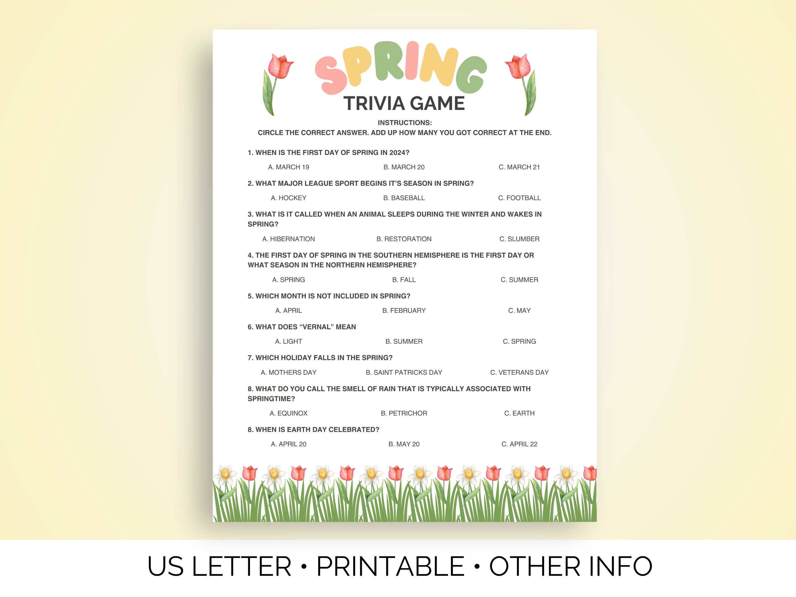 Spring Trivia, Printable Multiple Choice Game for Kids, Adults, Seniors ...