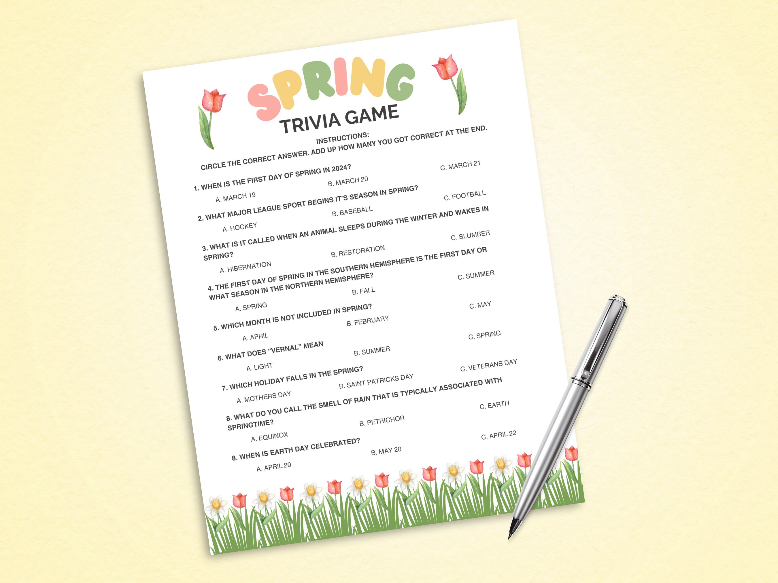 Spring Trivia, Printable Multiple Choice Game for Kids, Adults, Seniors ...