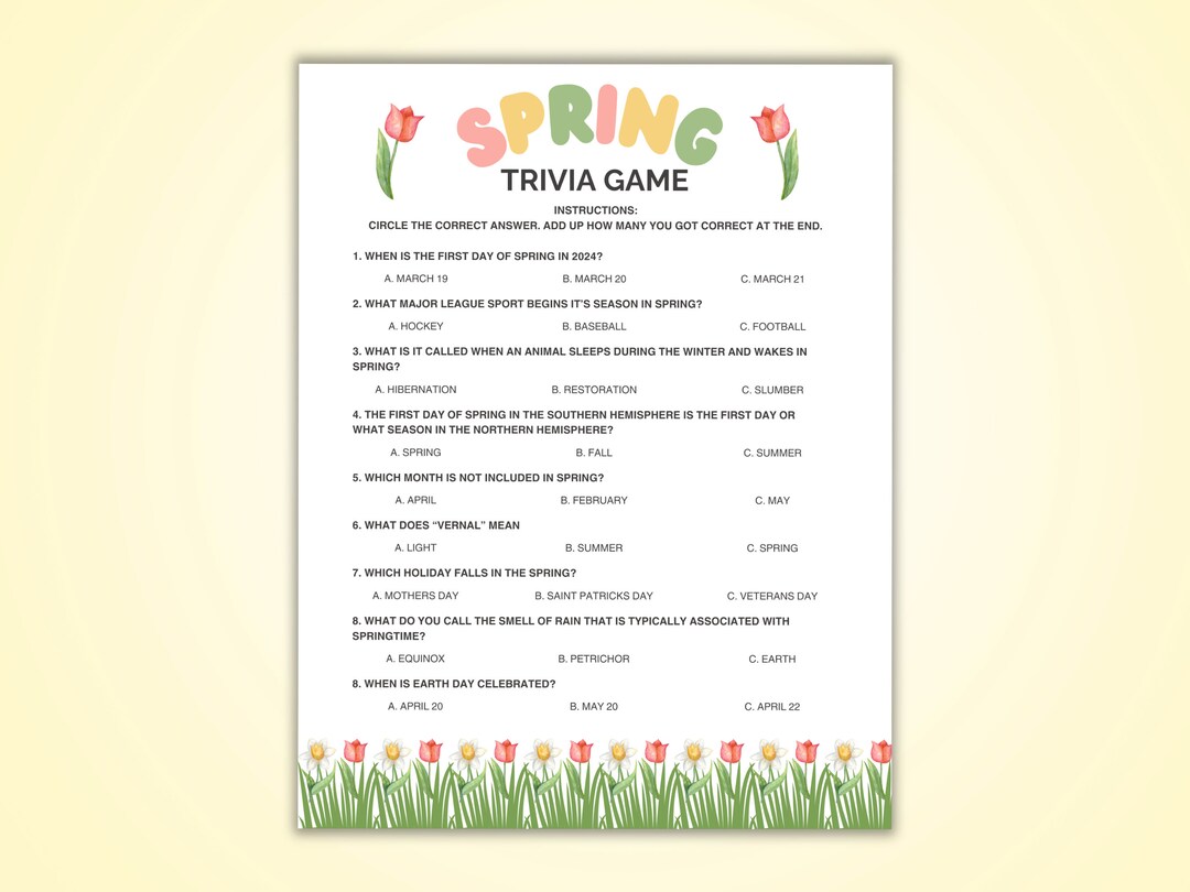 Spring Trivia, Printable Multiple Choice Game for Kids, Adults, Seniors ...