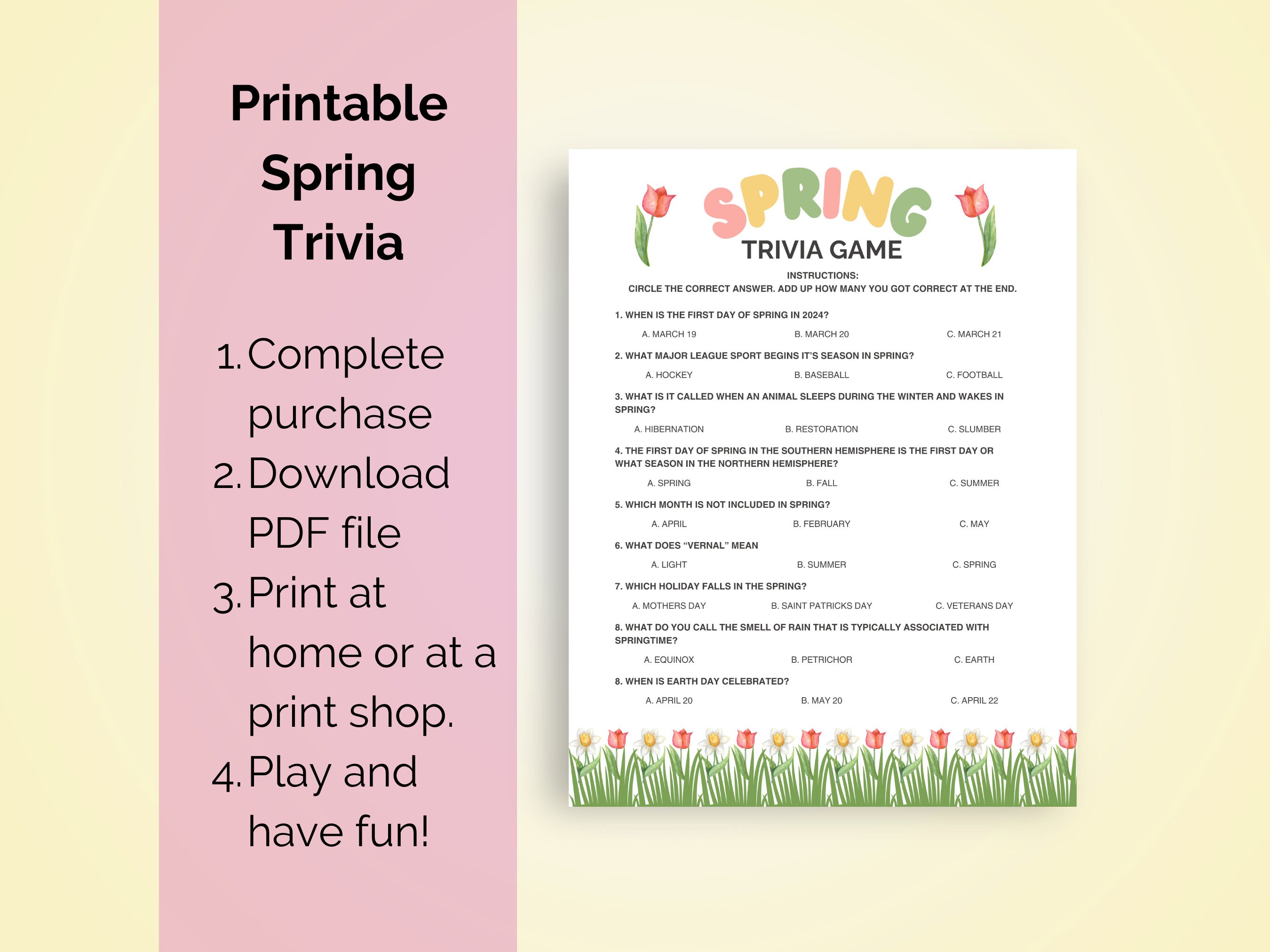 Spring Trivia, Printable Multiple Choice Game for Kids, Adults, Seniors ...