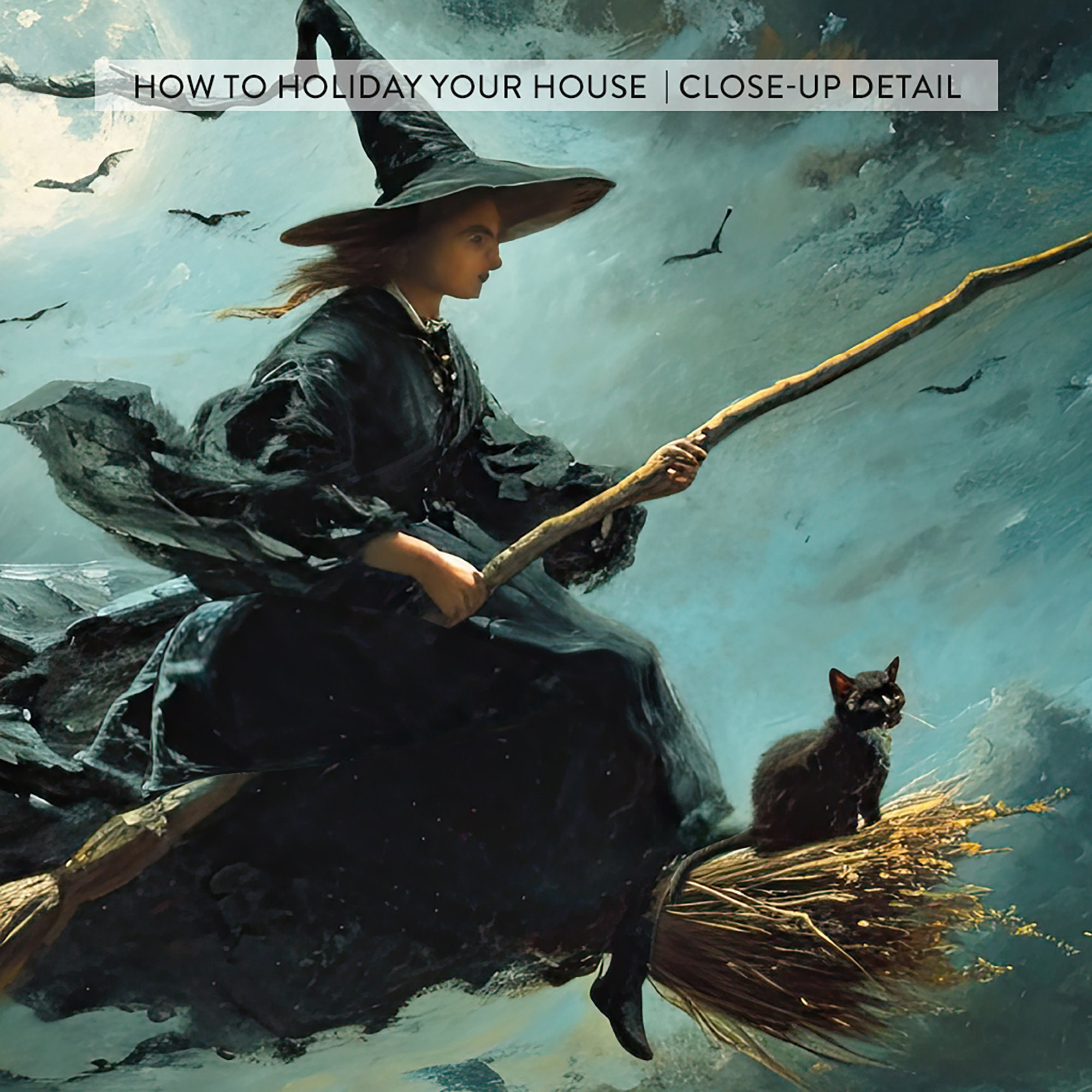 Witch Flying on Broom Painting Printable Art | Vintage Style | Oil ...