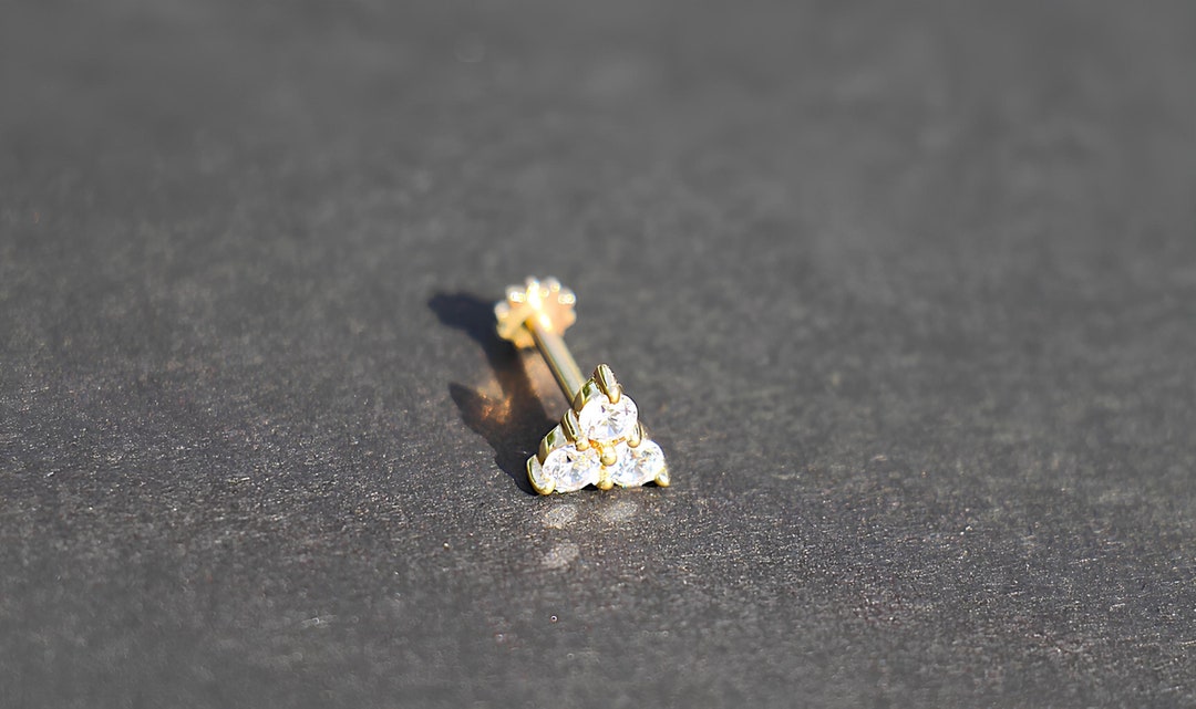 14K Solid Gold Trio Diamond Tragus Piercing: Helix Cartilage Stud - Etsy
