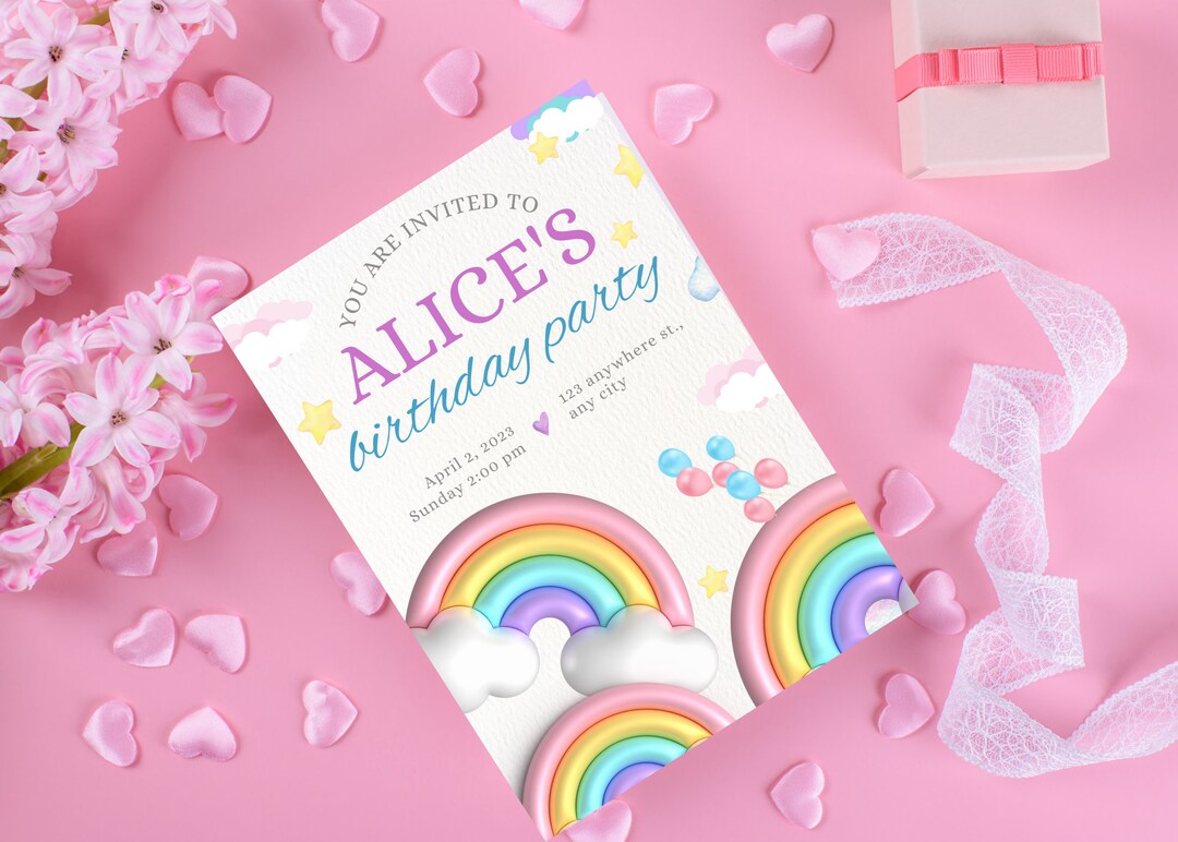 Colorful Rainbow Birthday Invite Template Editable and Customizable ...