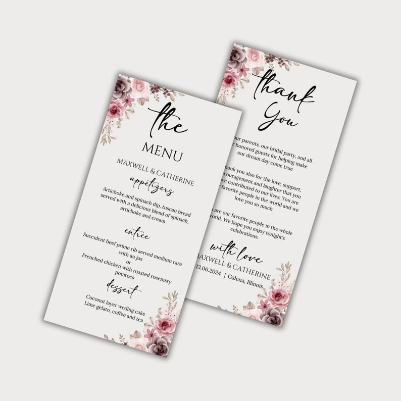 Modern Menu, Wedding Menu Card, Napkin Note Thank You Card Set, Menu ...