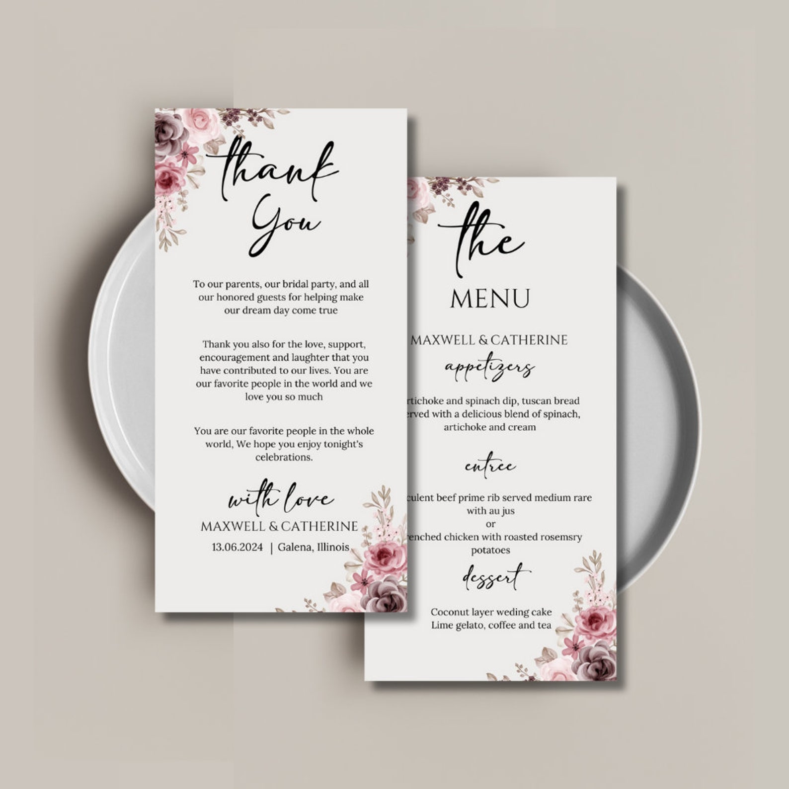 Modern Menu, Wedding Menu Card, Napkin Note Thank You Card Set, Menu ...