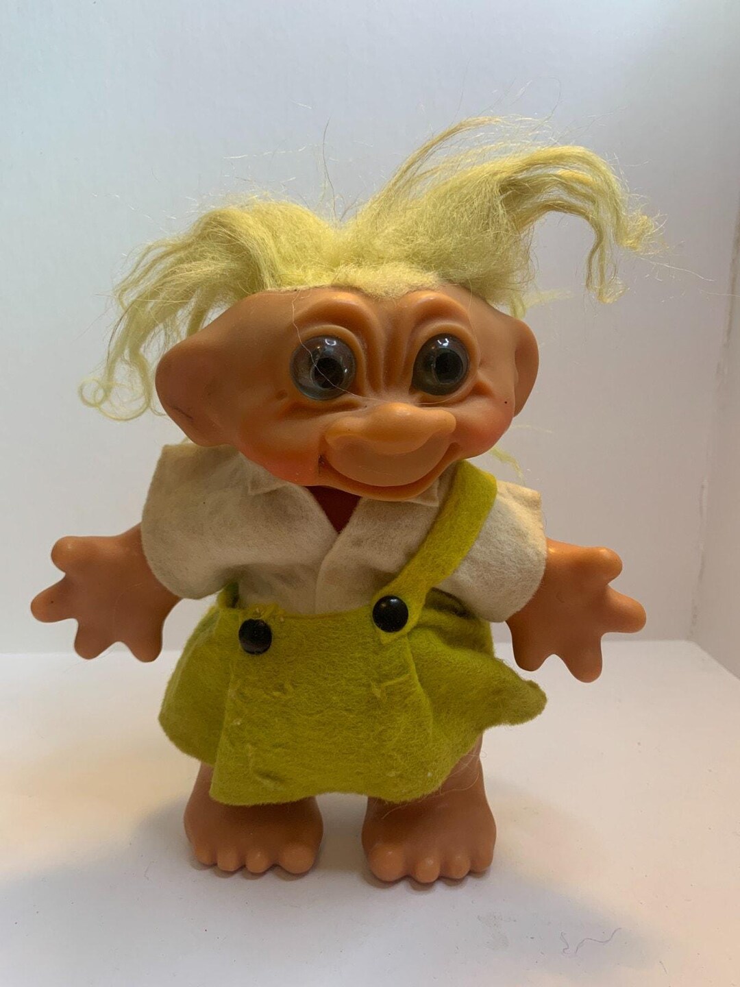 Vintage 60’s Thomas Dam Girl Troll Doll Bank 6” Yellow Dress Mohair ...