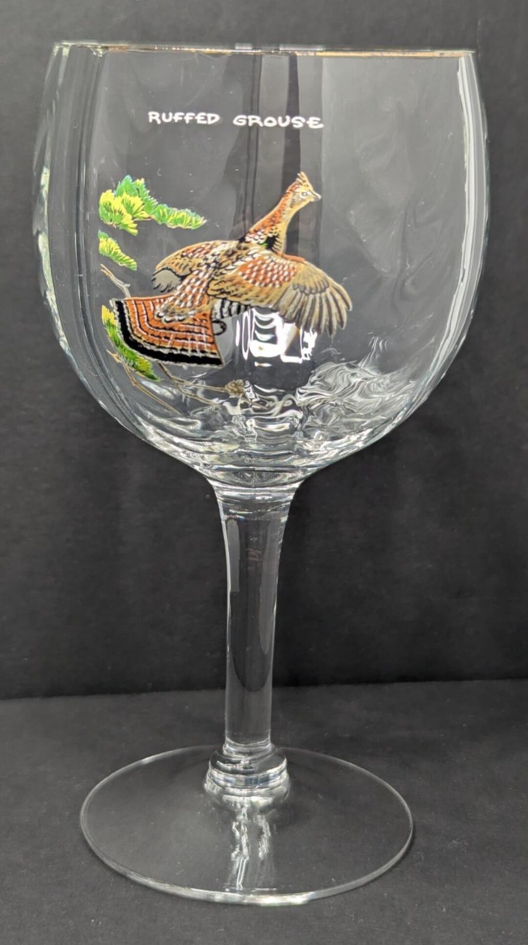 Vintage Ned Smith Optic Drape Wine Glass Water Goblet Ruffed Grouse 6. ...