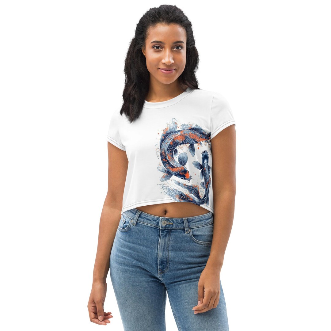 All-over Print Crop Tee - Offset Asian Motif Koi Fish Design - New for ...