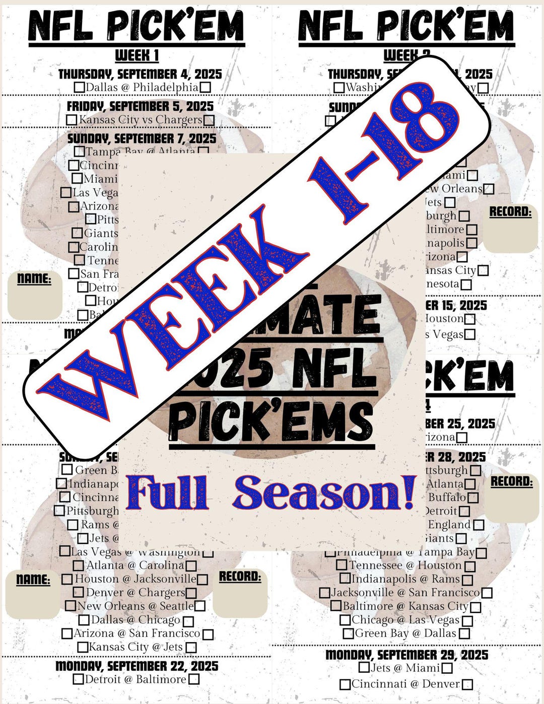 The Ultimate 2025 NFL Bundle Pick'em (WEEK 1-18), Weekly NFL Pick'ems ...