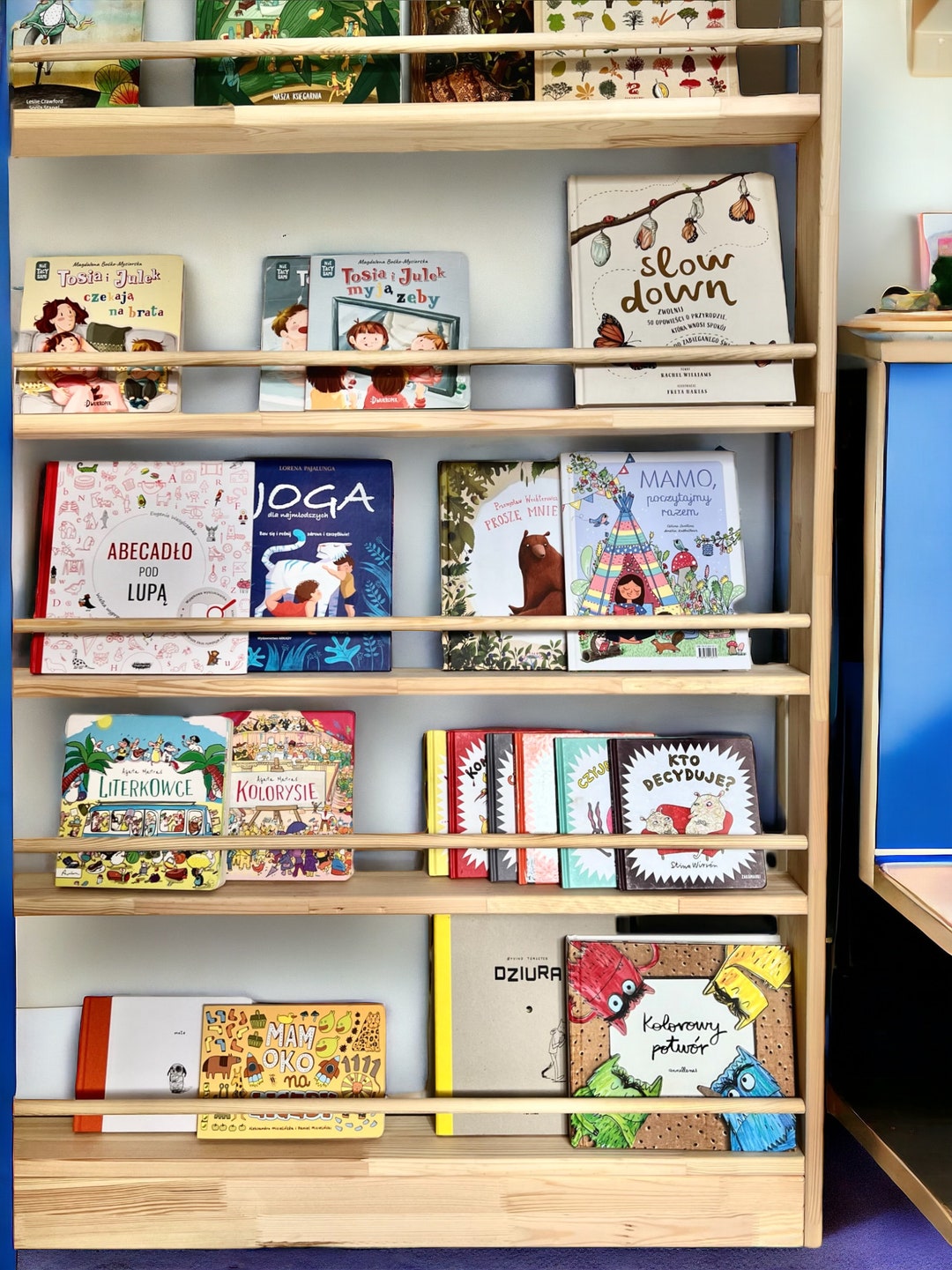 Bookshelf, Montessori, Wood, Narrow Wall, Bücherregal, Kidsroom Shelf ...