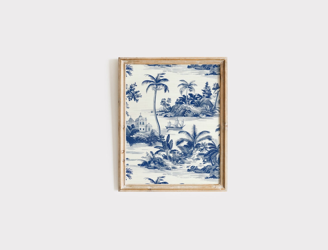 Vintage Toile Pattern, Blue Wall Art, Tropical Beachy Wall Art ...
