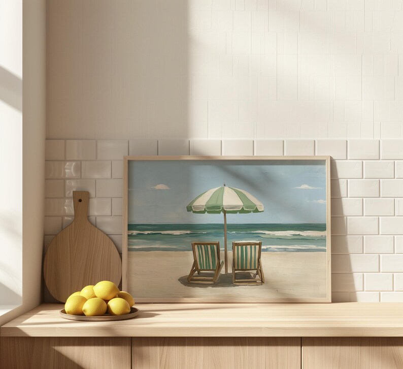 Sage Green Beach Chairs Print: Coastal Landscape Painting (digital ...