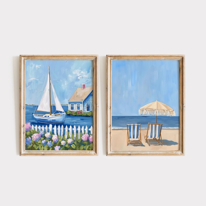 Nantucket Coastal Oil Painting Art Prints: Beach & Sailboat (digital ...