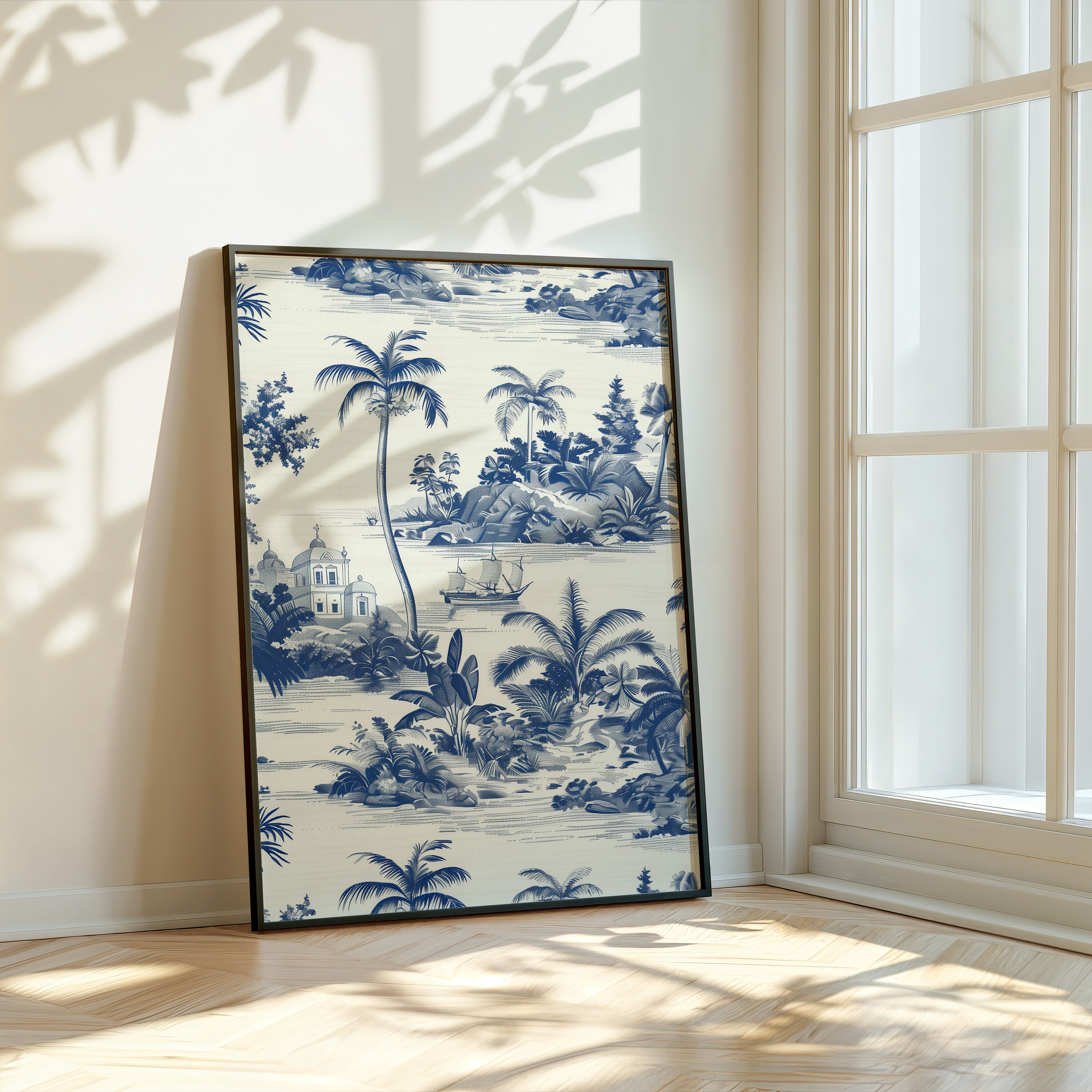 Vintage Toile Pattern, Blue Wall Art, Tropical Beachy Wall Art ...