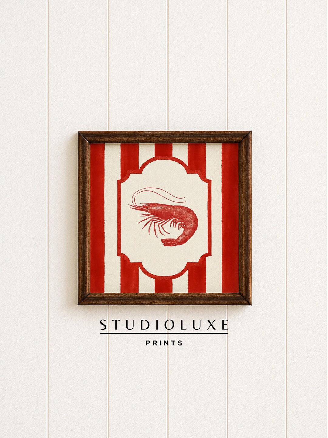 Vintage Coastal Shrimp Art Print: Red Stripe Nautical Decor (digital ...