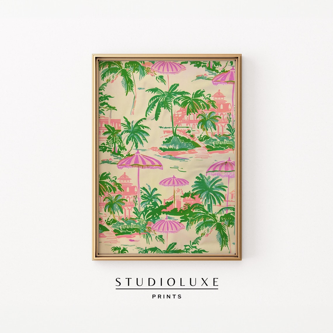 Palm Beach Toile Art Print: Pink & Green Tropical Coastal Decor ...