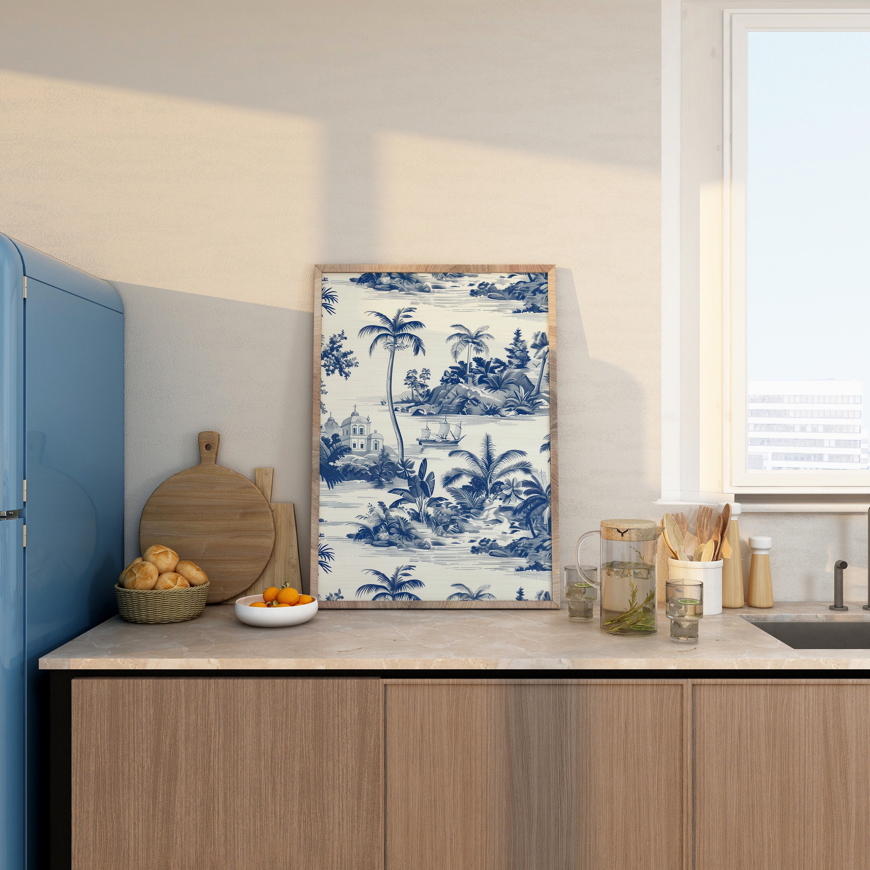 Vintage Toile Pattern, Blue Wall Art, Tropical Beachy Wall Art ...