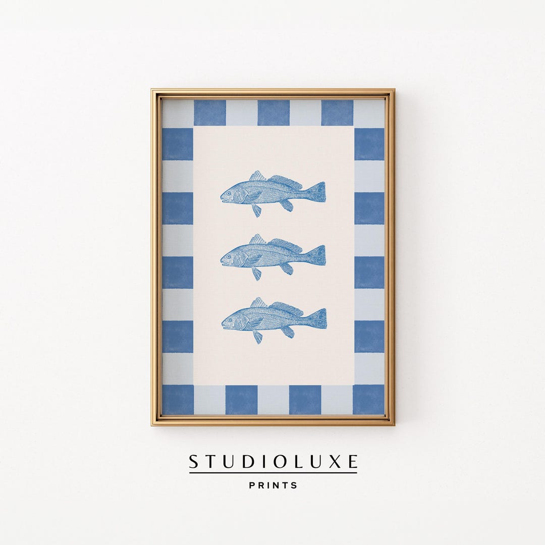 Checkered Fish Print: Coastal Blue Wall Art (digital Download) - Etsy