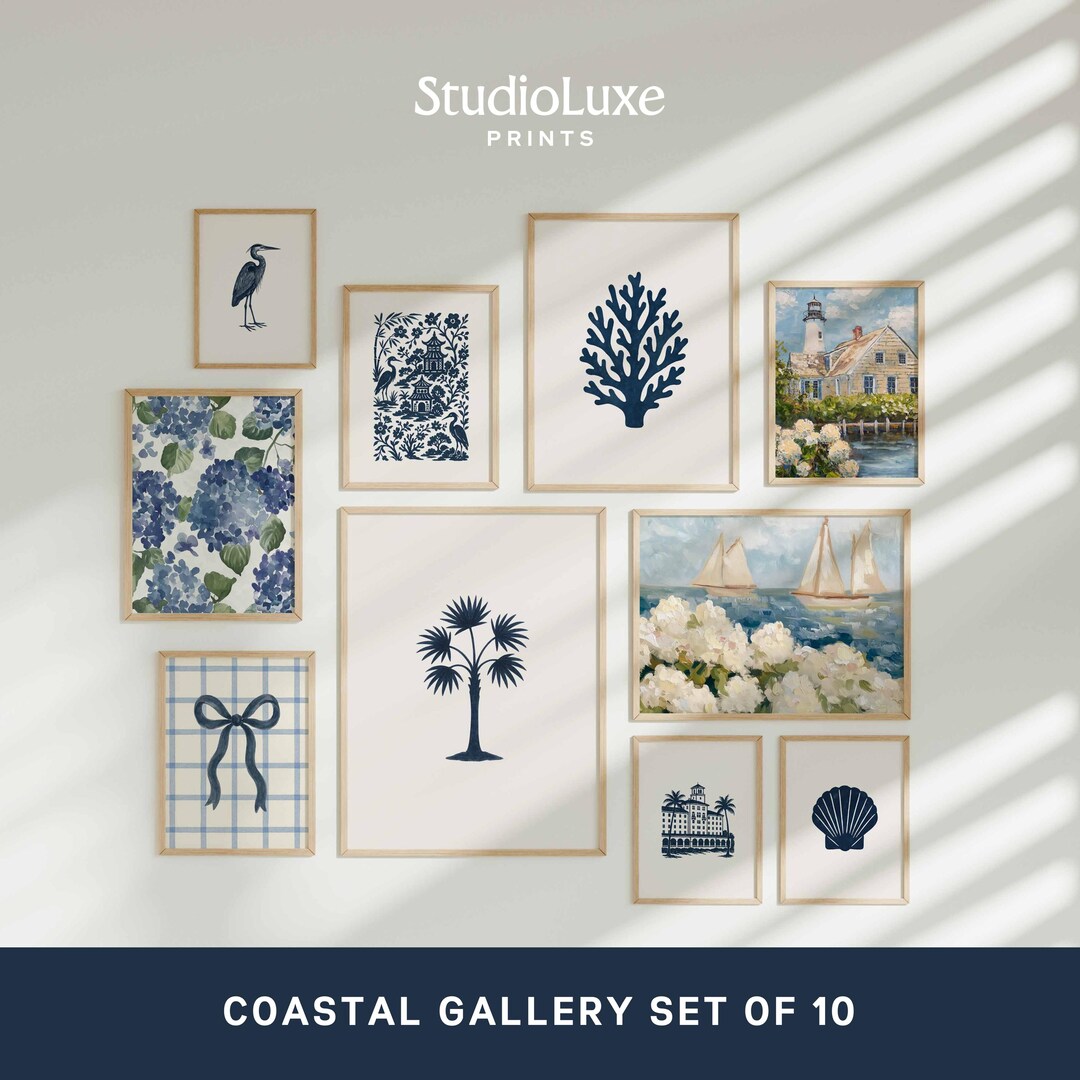Coastal Blue Botanical Gallery Wall Art Set of 10, Nautical Ocean Art ...