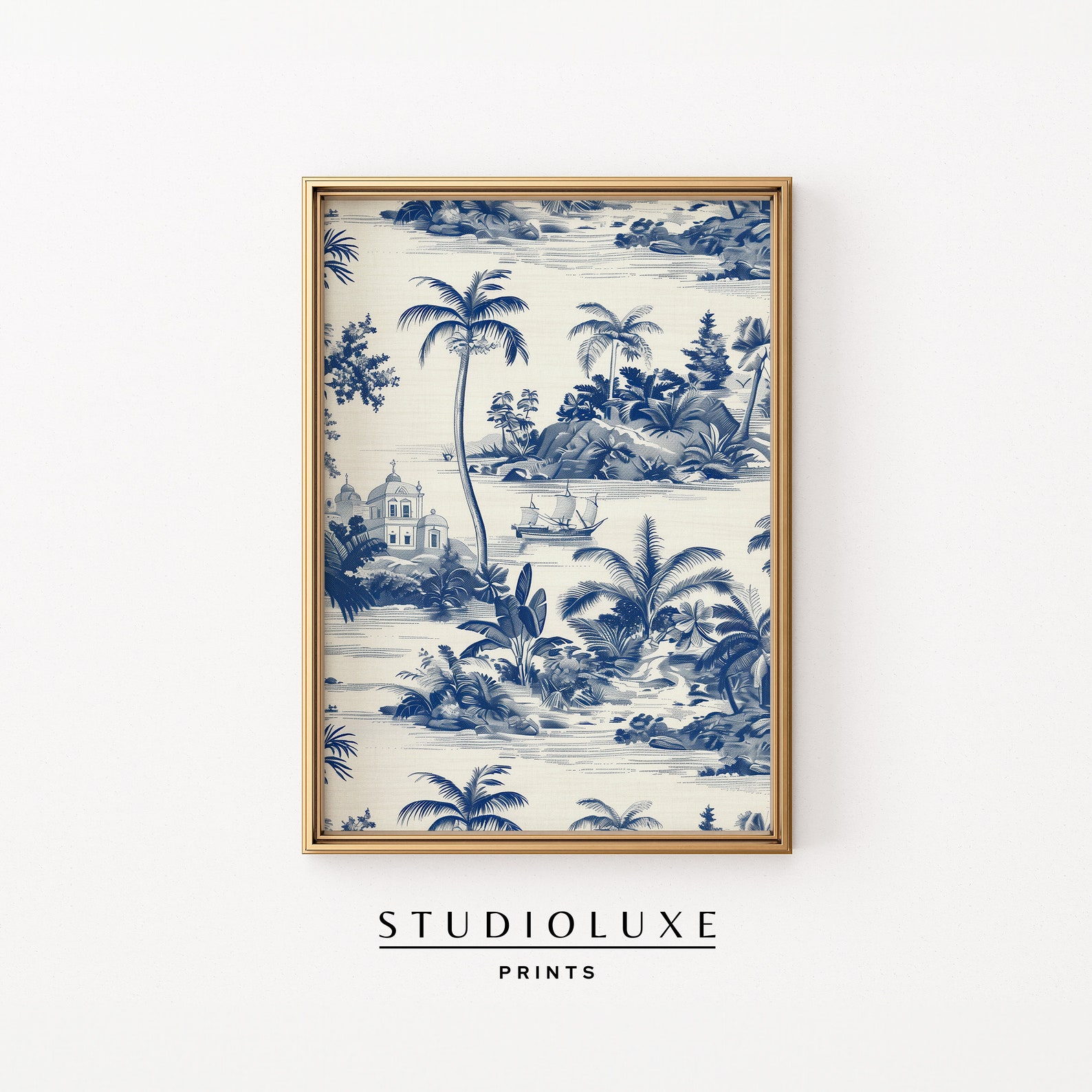 Vintage Toile Pattern, Blue Wall Art, Tropical Beachy Wall Art ...