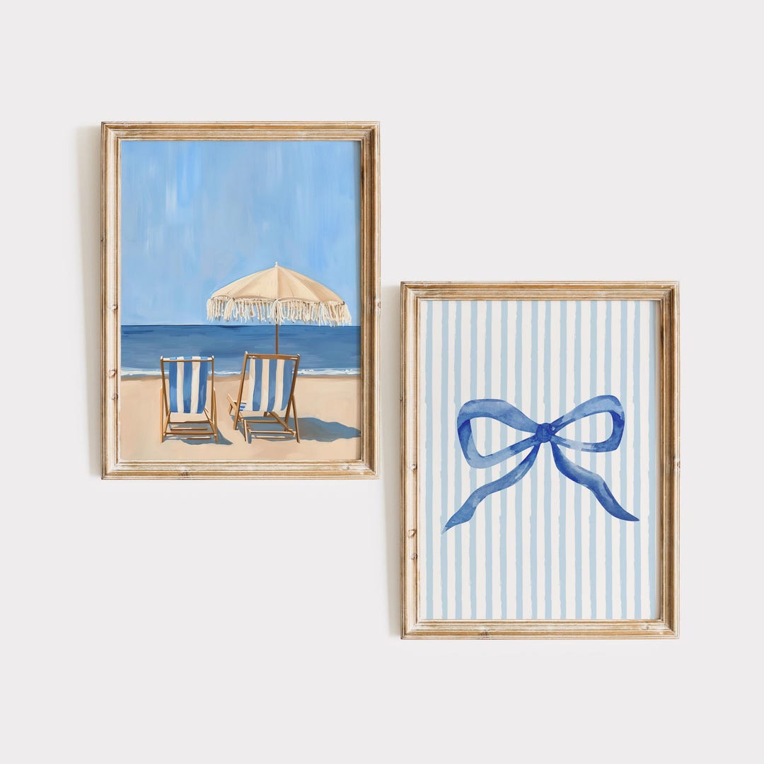 Coastal Beachy Wall Art Set, Bow & Beach Chair Digital Prints, Nautical ...