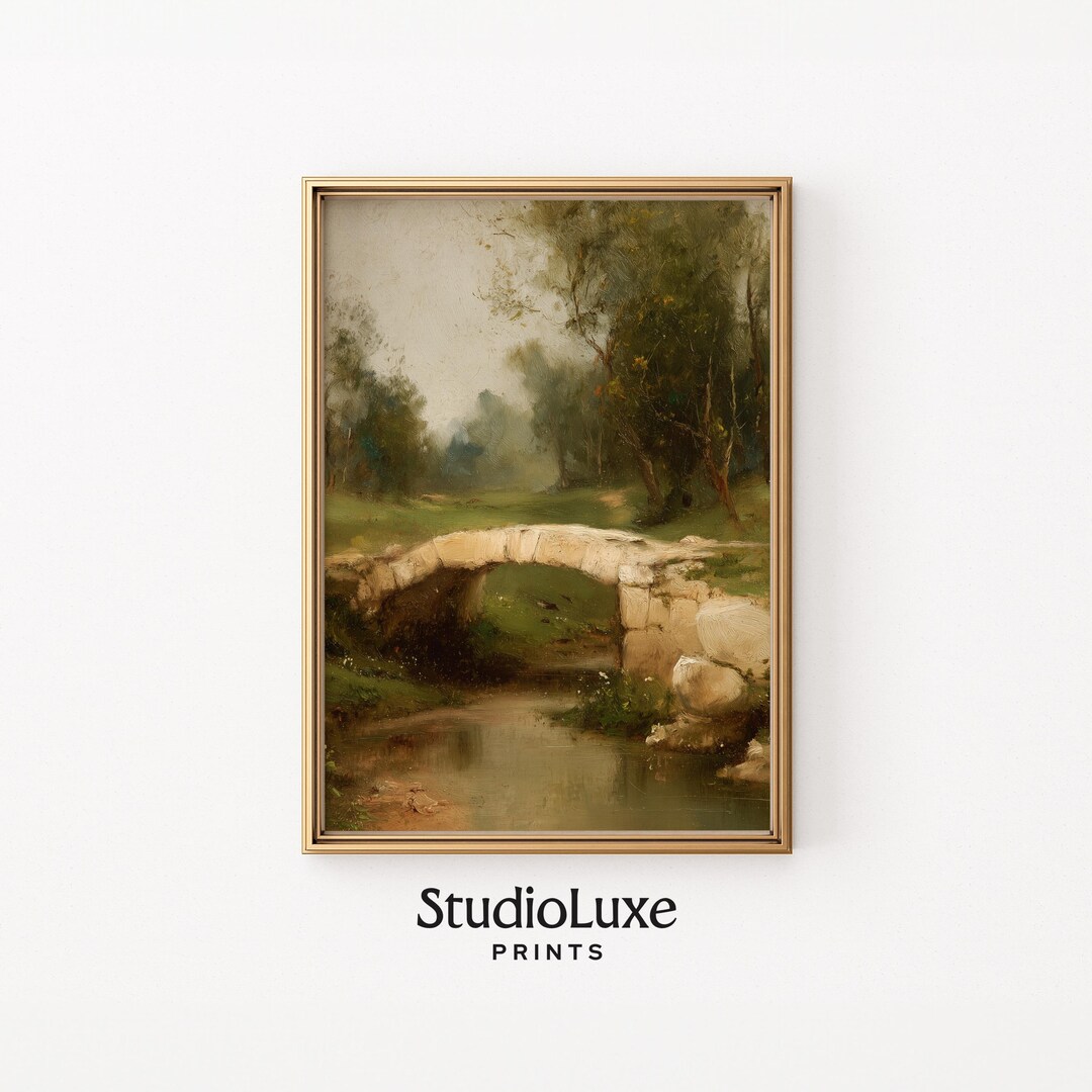 Printable Rustic Stone Bridge Art - Vintage Landscape, Cottagecore ...