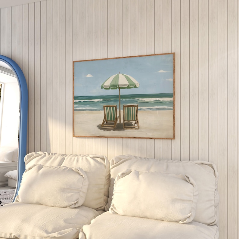 Sage Green Beach Chairs Print: Coastal Landscape Painting (digital ...