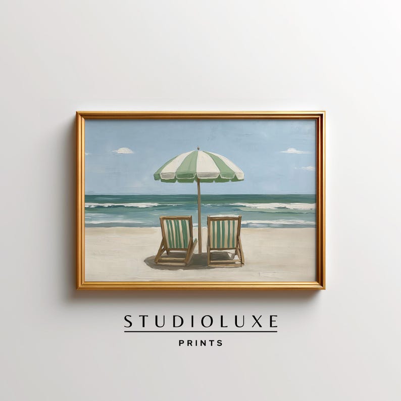 Sage Green Beach Chairs Print: Coastal Landscape Painting (digital ...