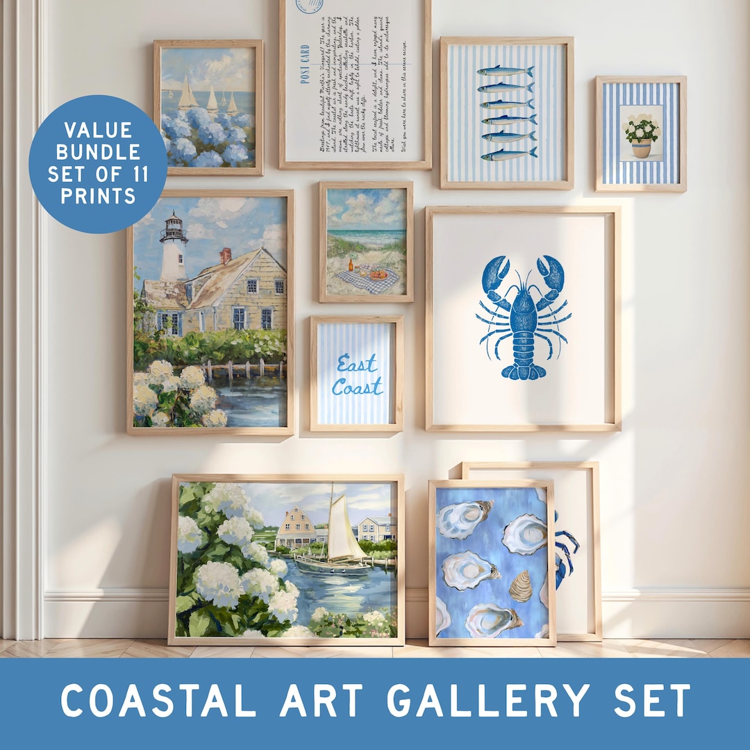 Coastal Wall Art Set of 11 Blue Beach Prints, East Coast Nautical ...
