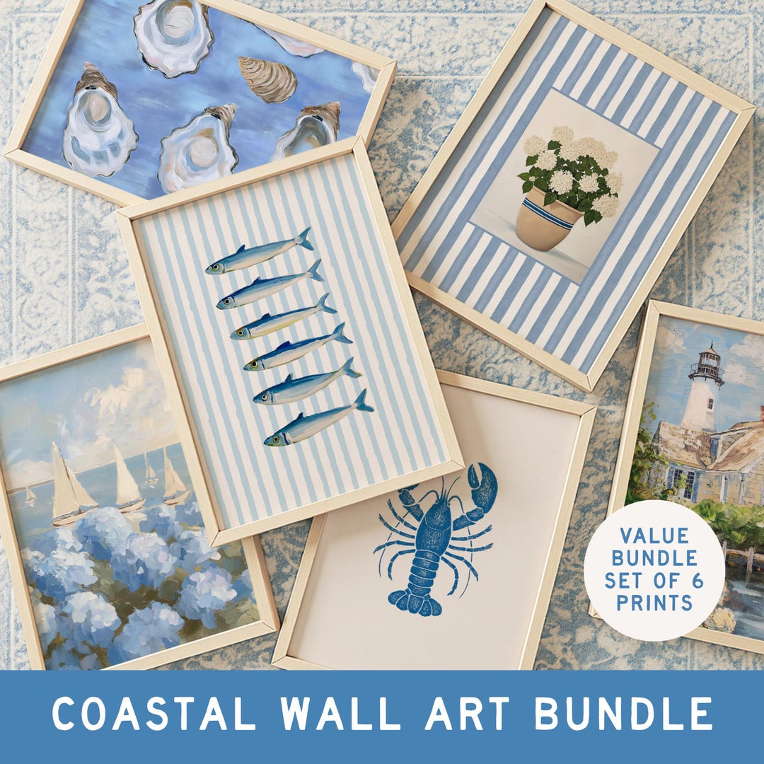 Coastal Wall Art Set of 6 Blue Beach Prints, Nautical Gallery Wall ...