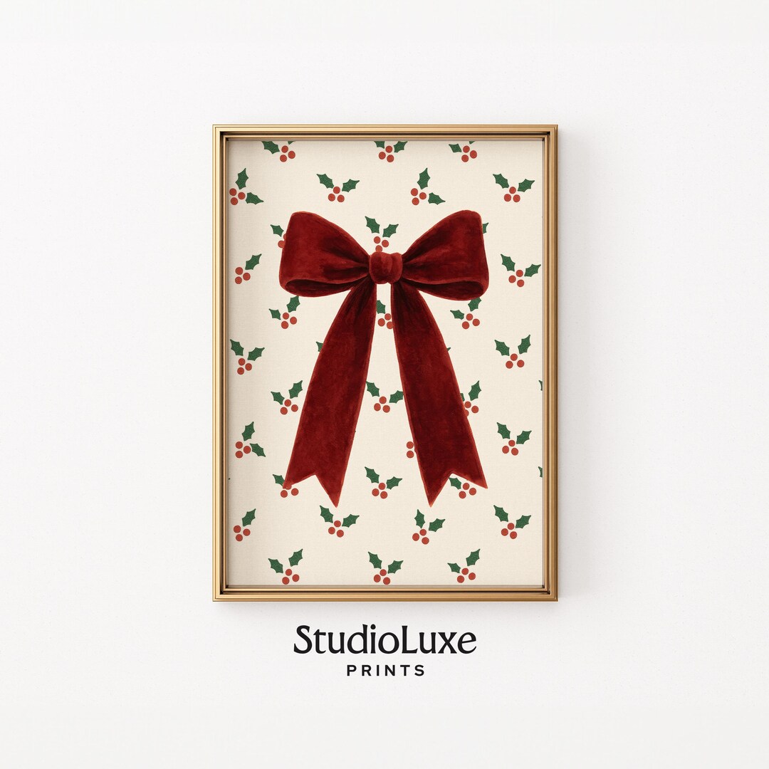 Vintage Red Bow Printable Art - Christmas Holiday Wall Decor, Classic ...