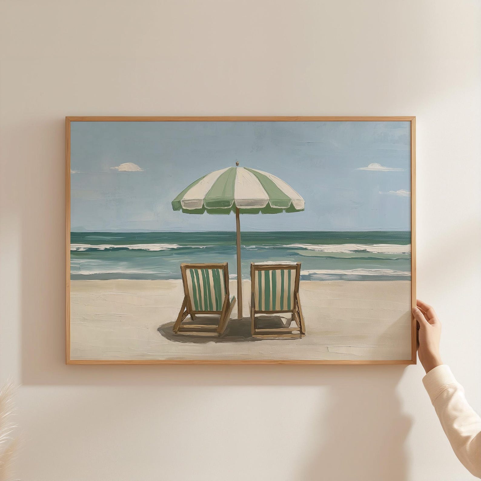 Sage Green Beach Chairs Print: Coastal Landscape Painting (digital ...