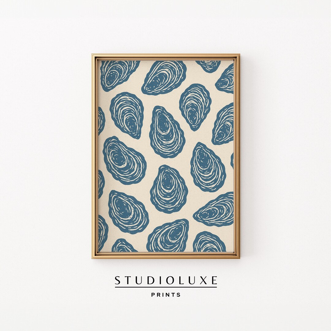 Coastal Oyster Print: Nautical Blue Shells, Beach House Wall Art ...