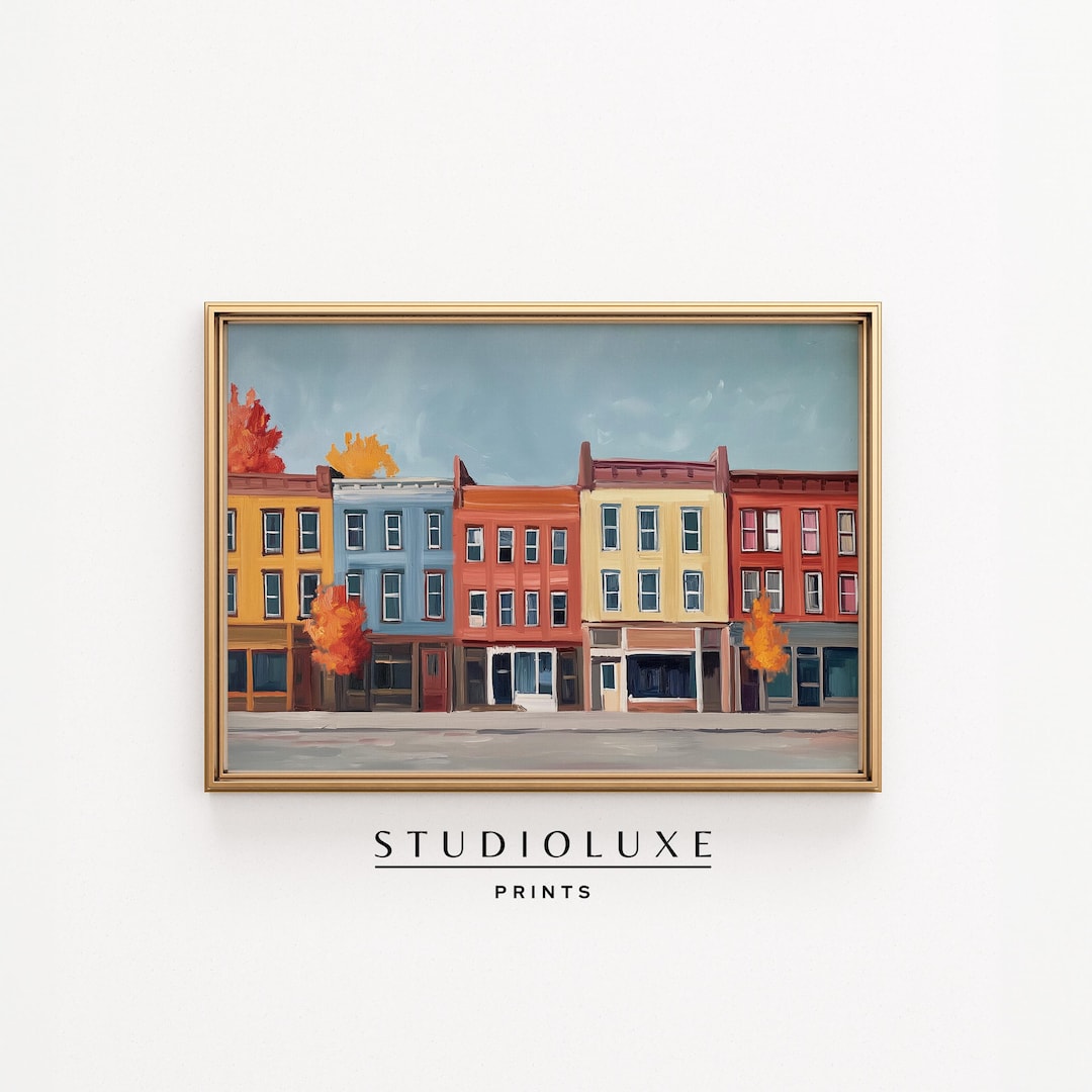 Fall Downtown Row Houses Print, Autumn Small Town Street Art, Colorful ...