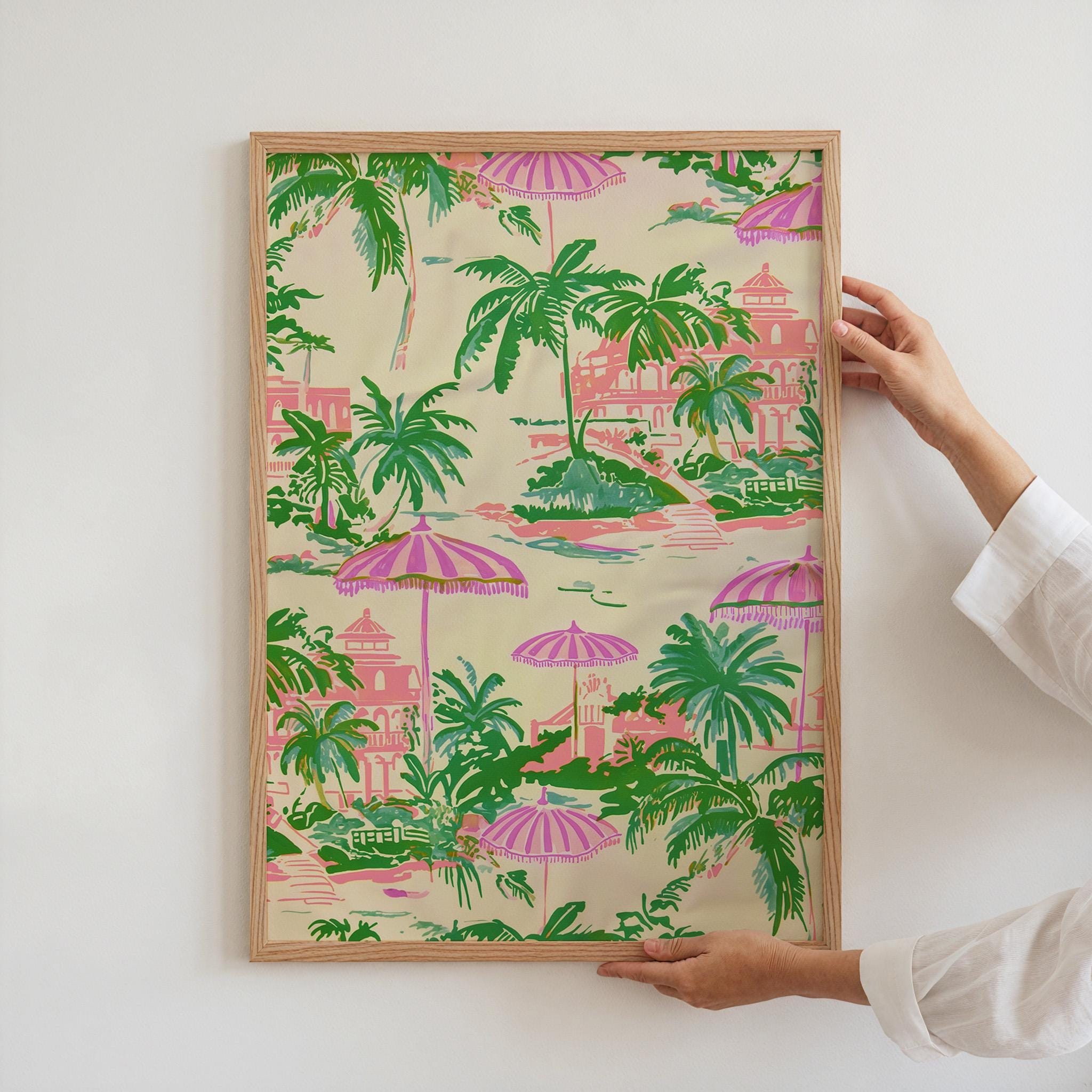 Palm Beach Toile Art Print: Pink & Green Tropical Coastal Decor ...