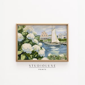 Nantucket Harbor Sailboat Art: Hydrangea Seaside Cottage Print (digital ...