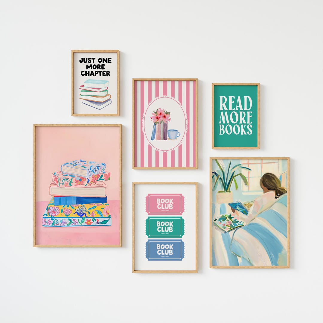 Book Wall Art Set of 6, Pink Book Club Gallery Wall, Read More Books ...