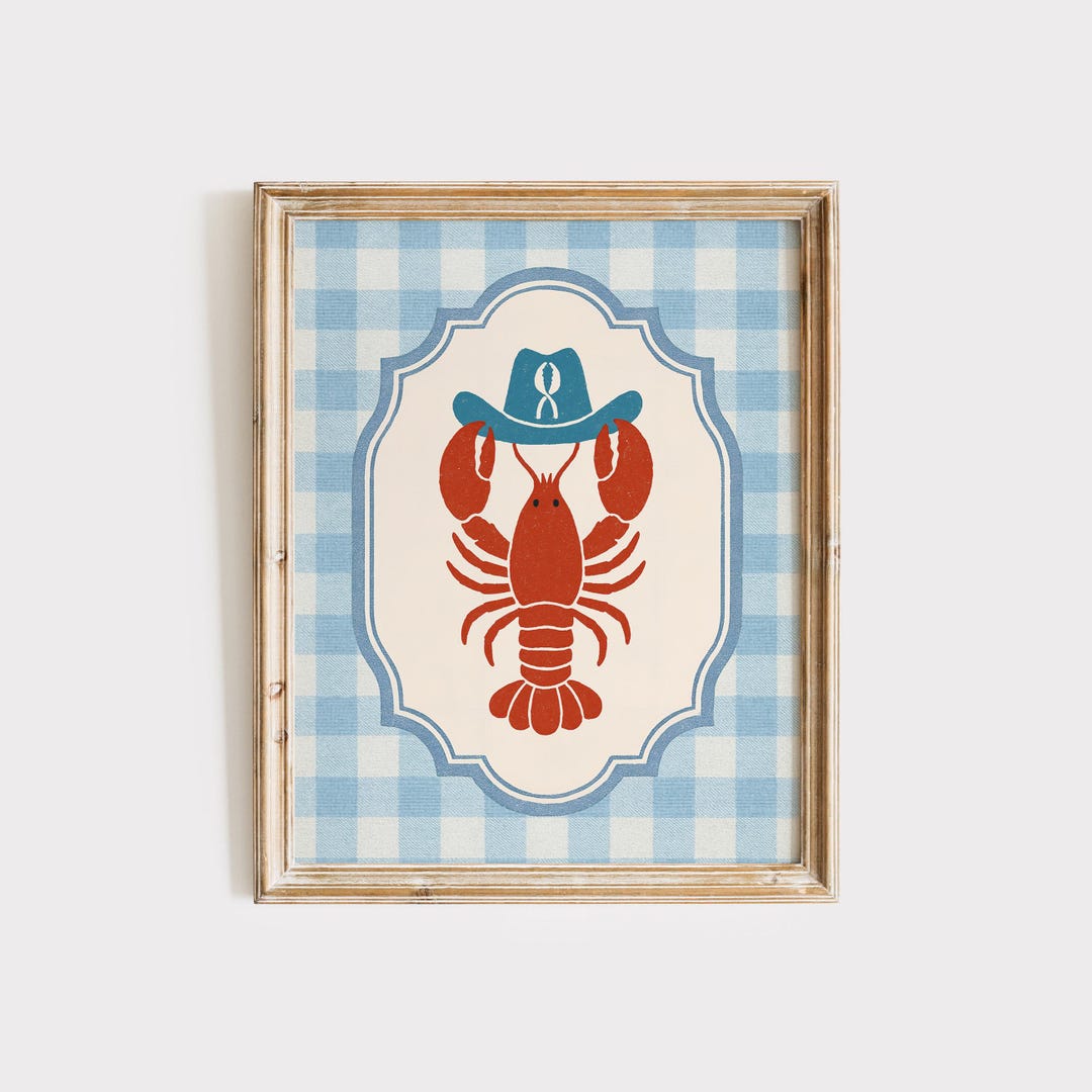 Cowboy Lobster Print: Blue Gingham Western Nautical Art (digital ...