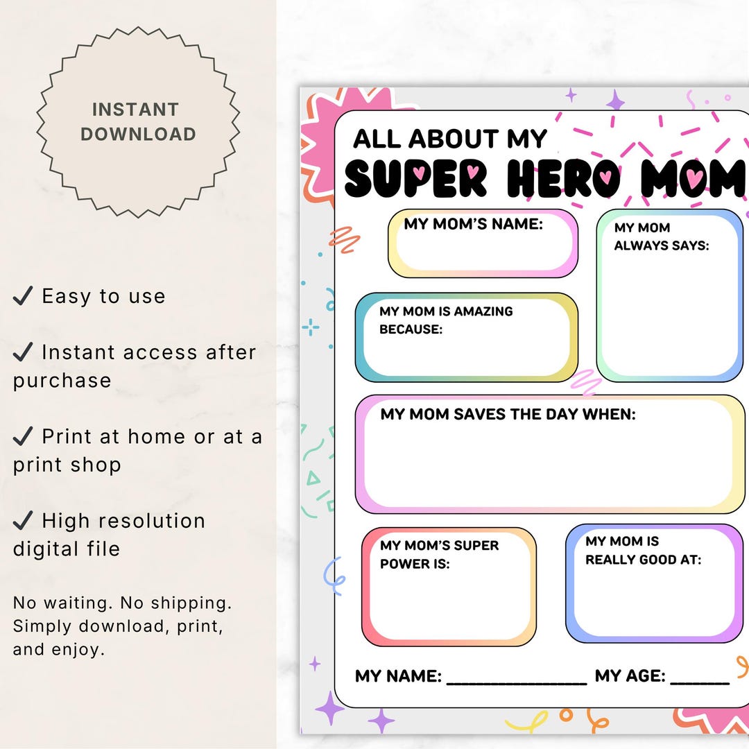 All About My Super Hero Mom Printable, Cancer Support Gift for Mom ...