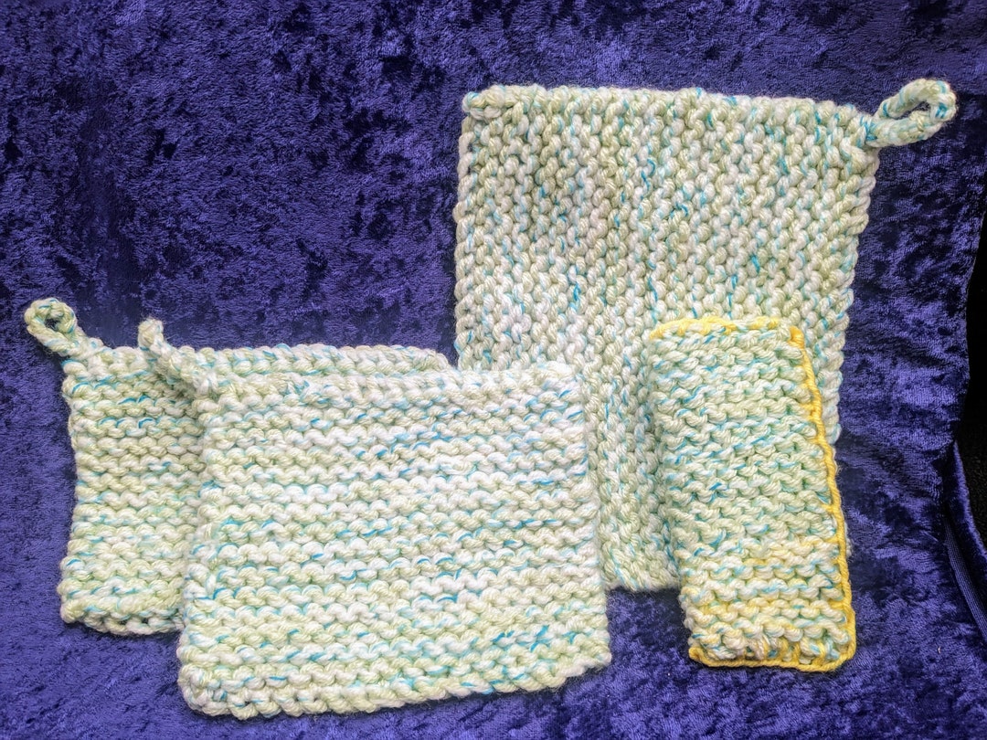 Handcrafted Knit Pot Holders, Hot Pad and Handle Cover in Blue and ...