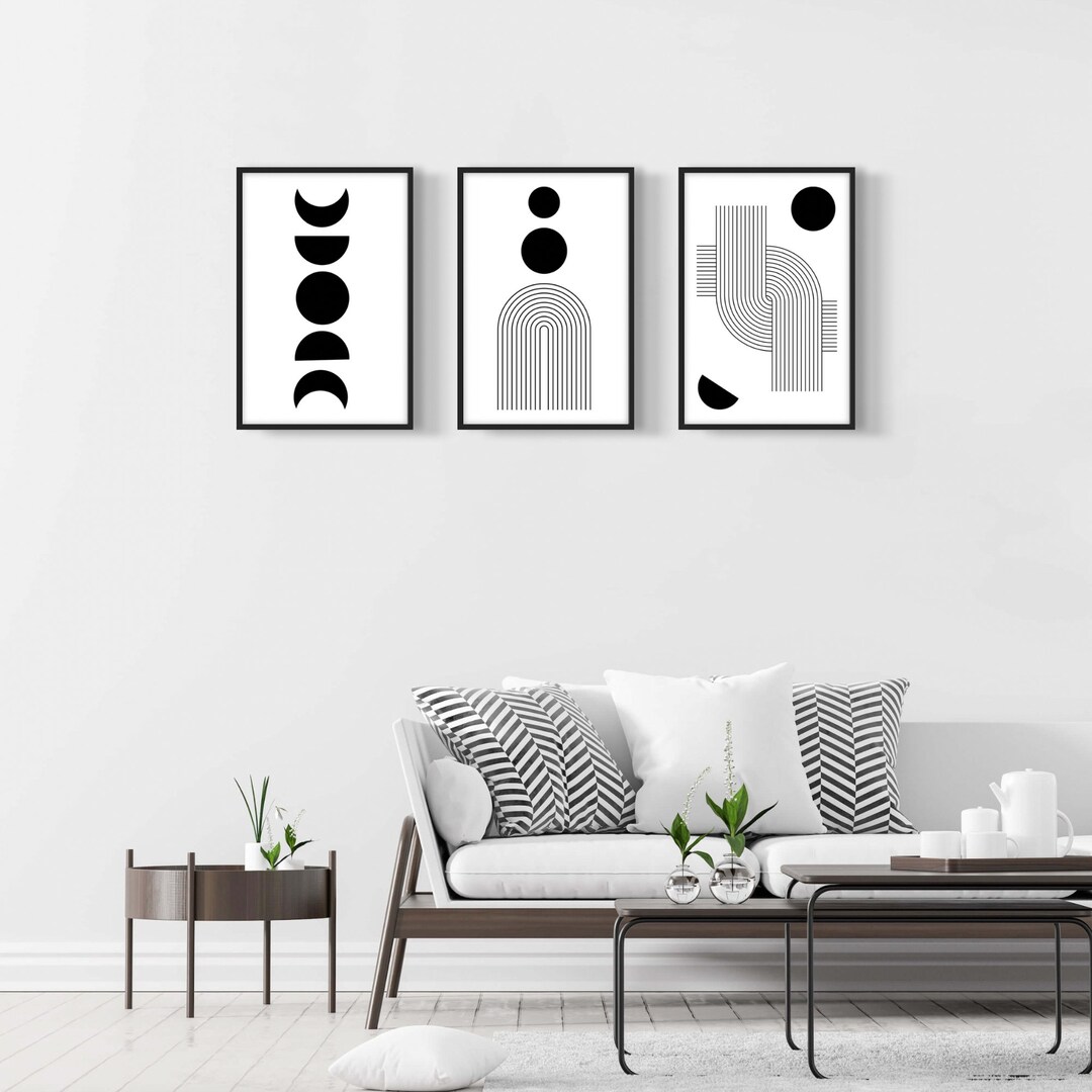 Mid Century Modern Boho Art, Set of 3 Boho Wall Art Prints, Moon Phase ...