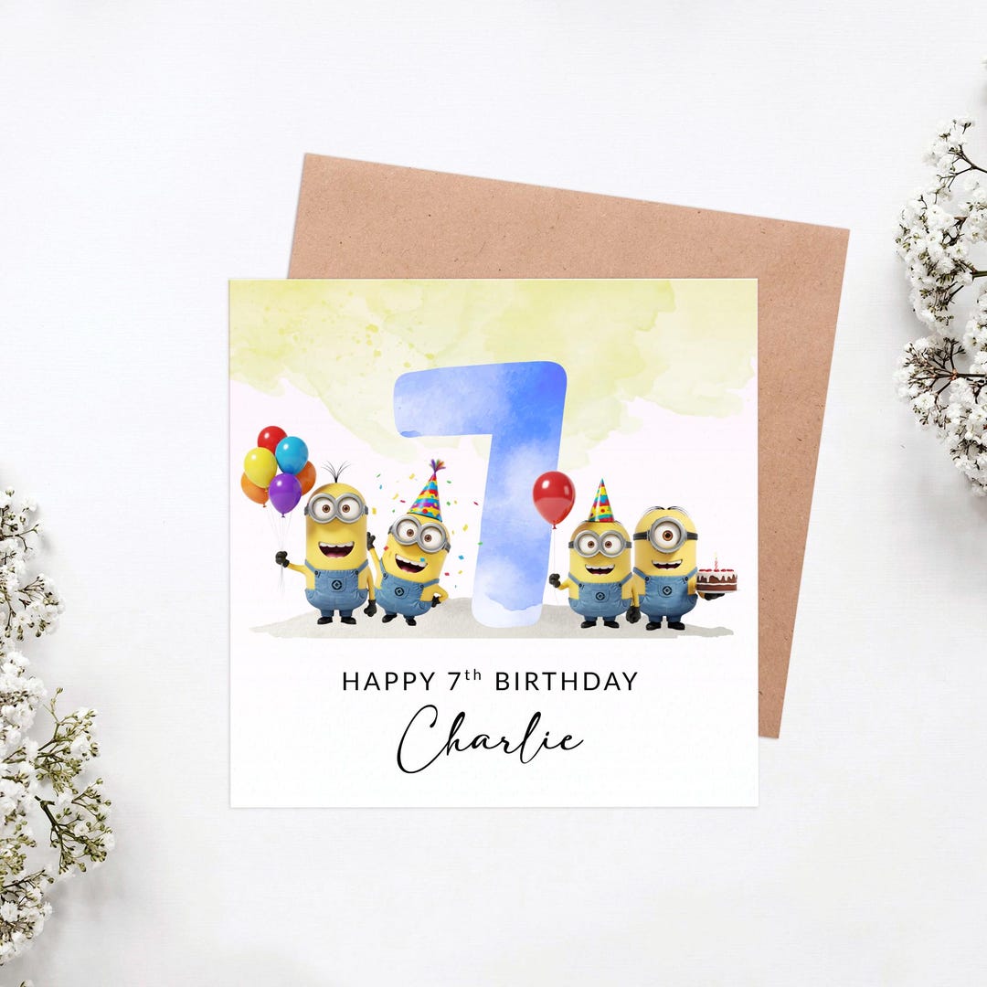 Minions 7th Birthday Card Personalised | Custom Name Minion Birthday ...