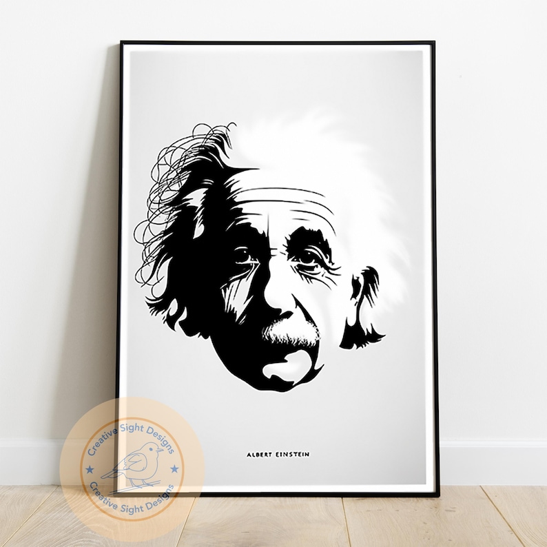 Albert Einstein Minimalist Portrait – Black and White Digital Art Print ...