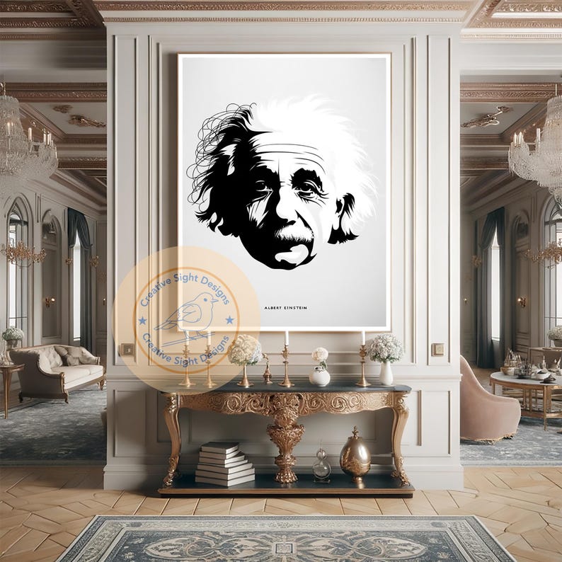 Albert Einstein Minimalist Portrait – Black and White Digital Art Print ...