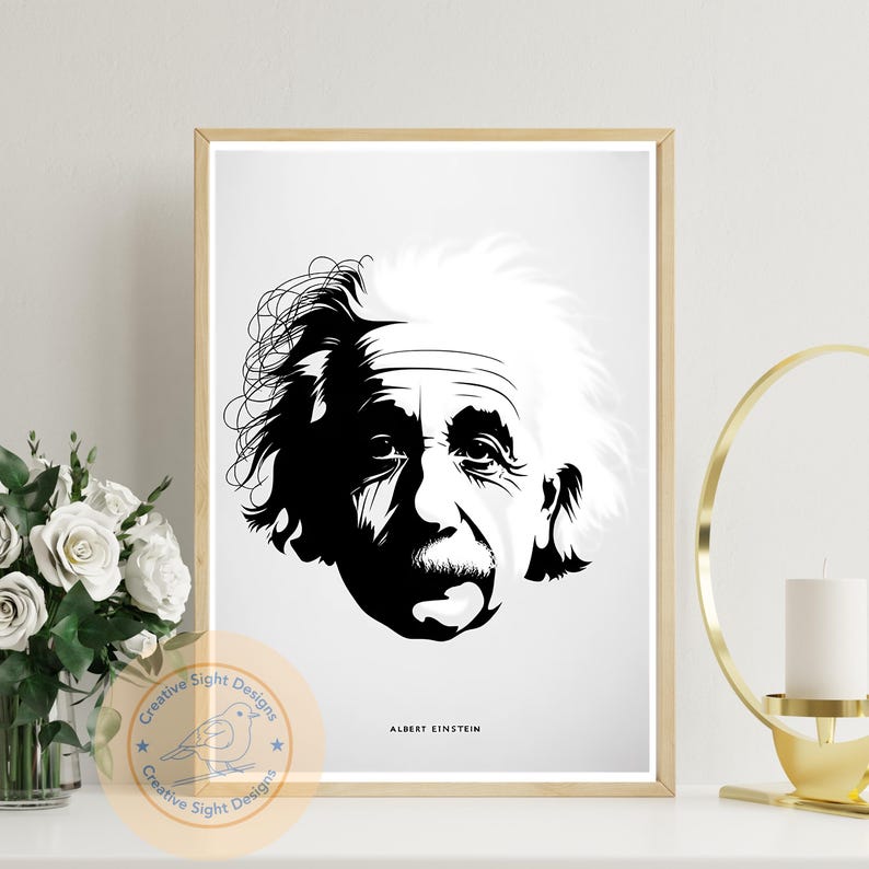 Albert Einstein Minimalist Portrait – Black and White Digital Art Print ...