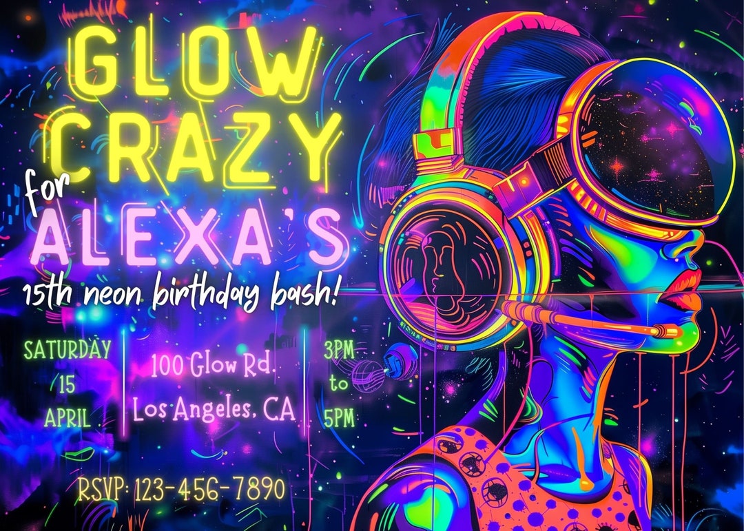 Neon Light Birthday Invitation, Glow Party, Teen Invite, Adult Invite ...