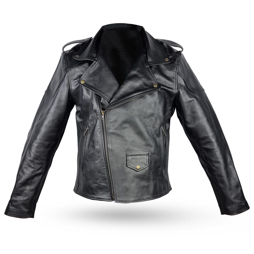 Men's Genuine Leather Motorcycle Jacket Snap Closure Zippered Pockets ...