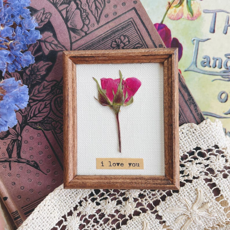 Tiny Pressed Rosebud Framed Art: Valentine's Day Love Message Gift (2x3 ...
