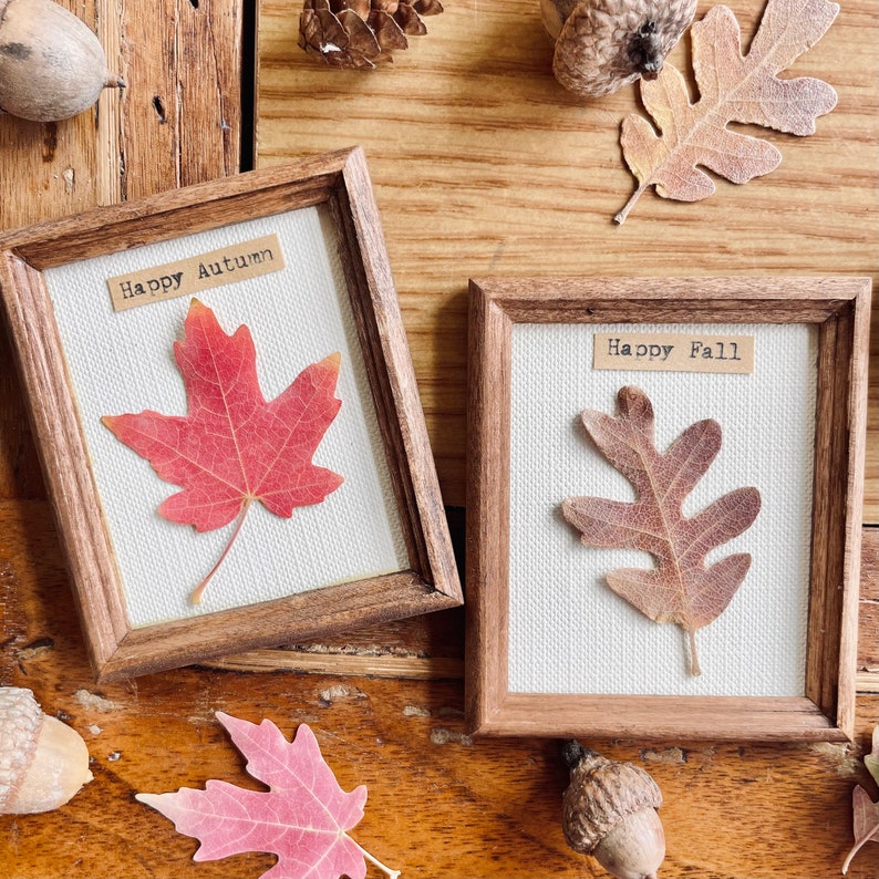 Happy Fall Tiny Autumn Leaf Wood Framed Art 2"x3" | Fall Artwork ...